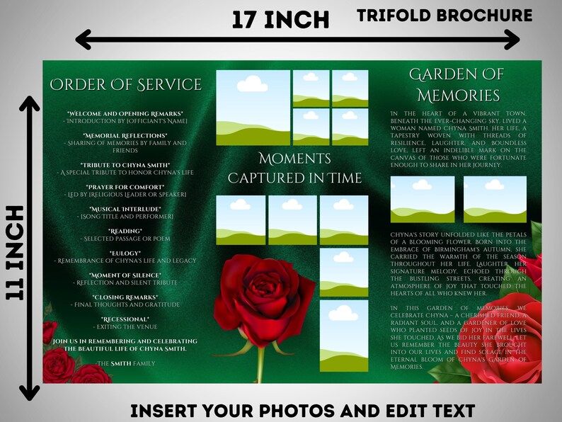 17"x11" FUNERAL PAMPHLET, Dark Green, Trifold, Obituary Program, Green ...