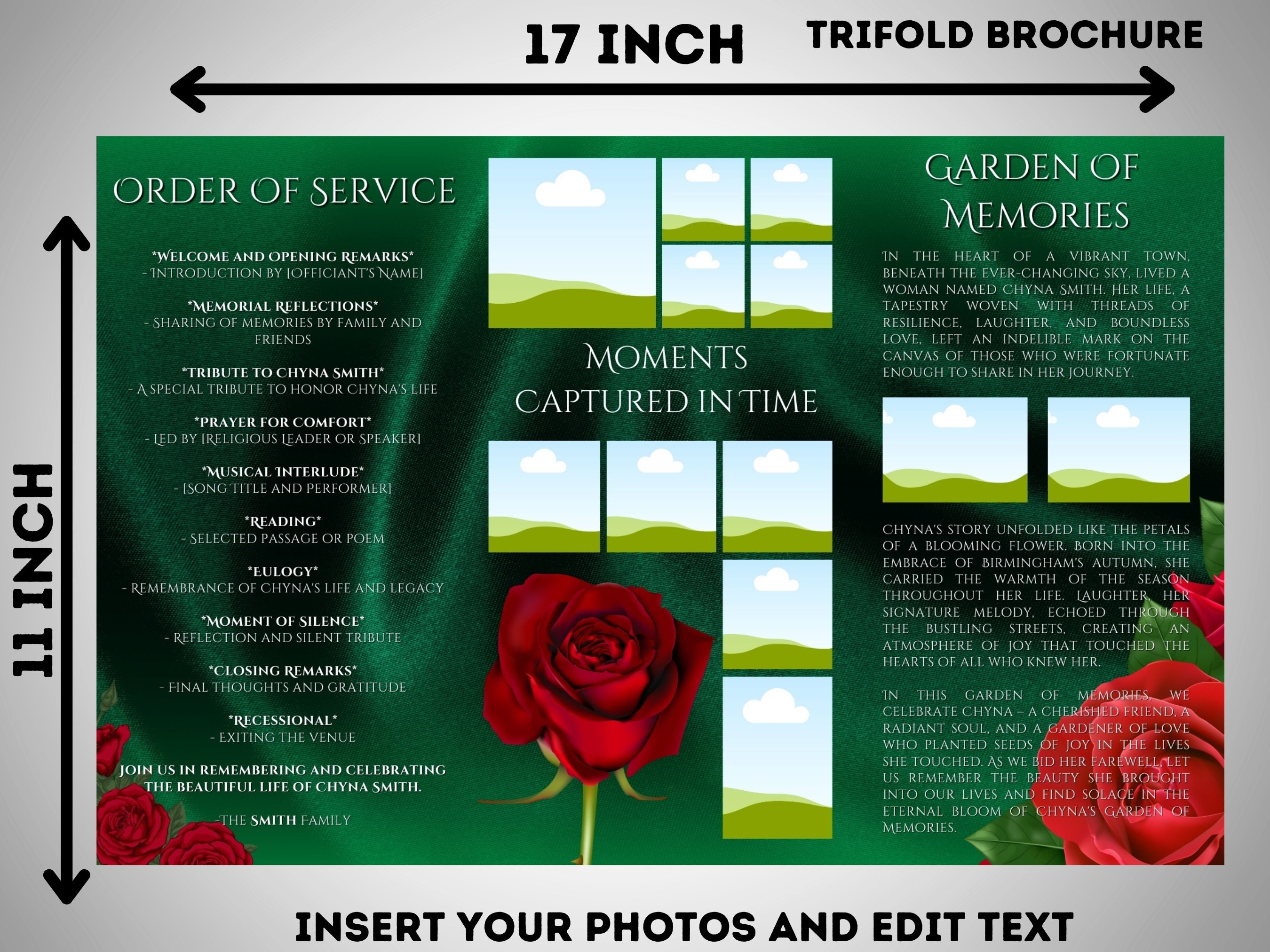 17"x11" FUNERAL PAMPHLET, Dark Green, Trifold, Obituary Program, Green ...