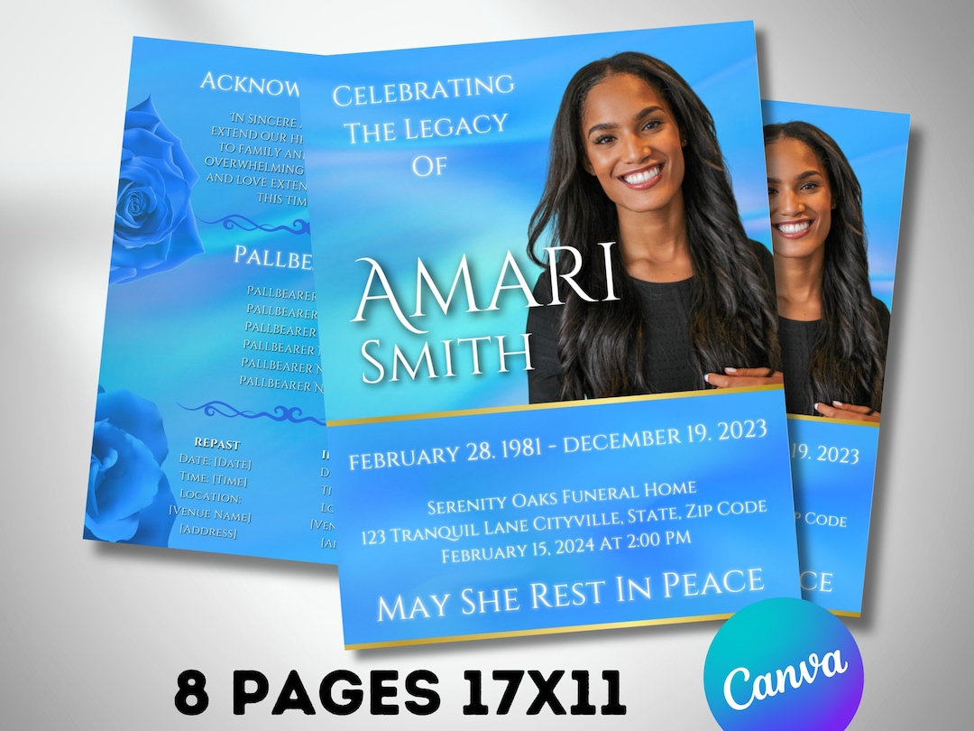 17" X 11" BIFOLD OBITUARY PROGRAM, 8 Pages, Blue Gradient Funeral ...