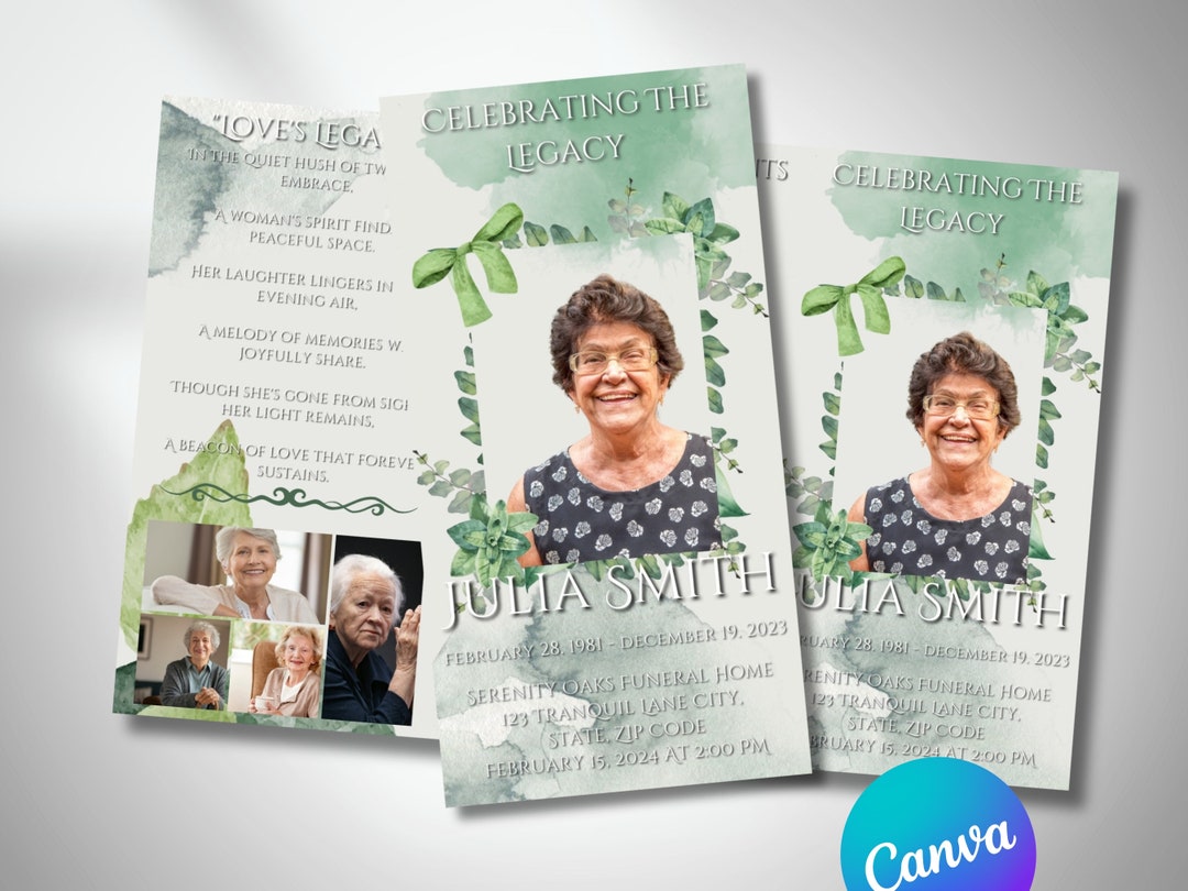 TRIFOLD FUNERAL PROGRAM, Green Watercolor Funeral Program, Celebration ...