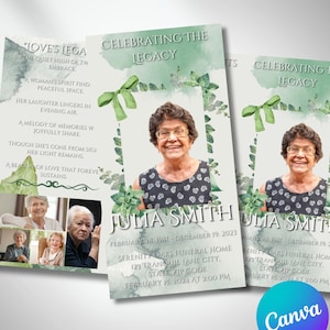 TRIFOLD FUNERAL PROGRAM, Green Watercolor Funeral Program, Celebration ...