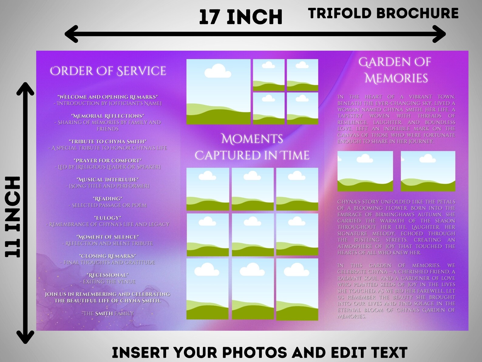 TRIFOLD FUNERAL TEMPLATE, 17x11 Obituary Program, Purple Gradient ...