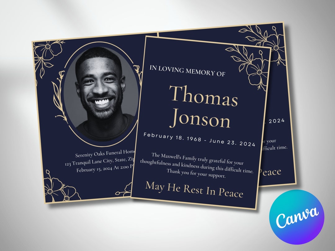 8.5"x11" BIFOLD FUNERAL PROGRAM, Navy Blue Elegant Obituary, Memorial ...