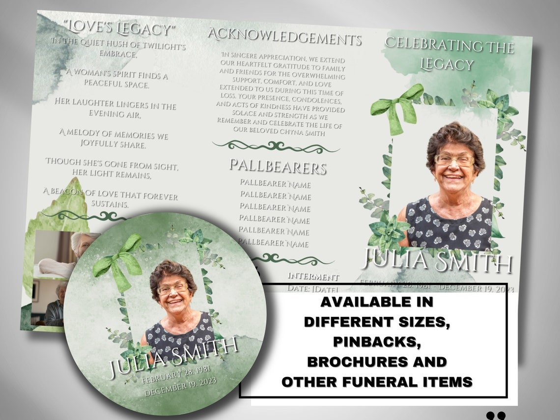 Green Watercolor Funeral Program Template, Celebration of Life (canva ...
