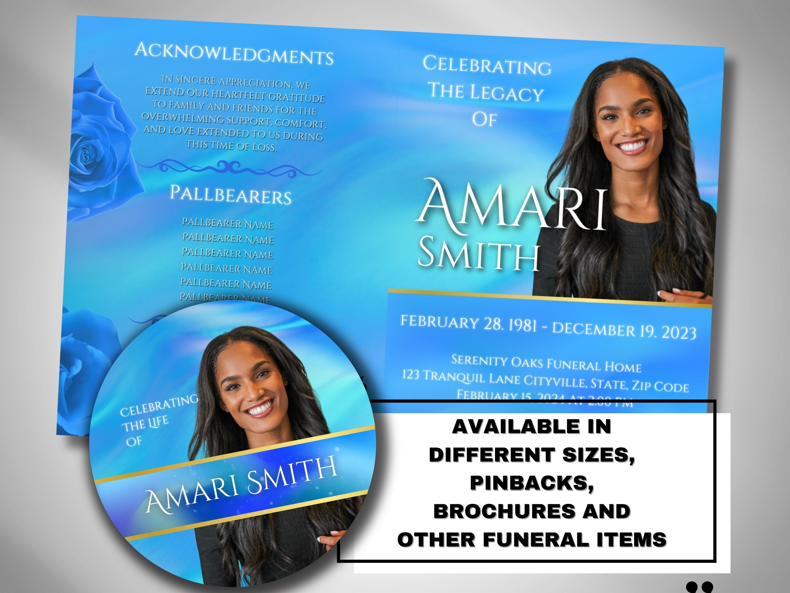 TRIFOLD FUNERAL TEMPLATE, 17x11 Obituary Program, Blue Gradient, Canva ...