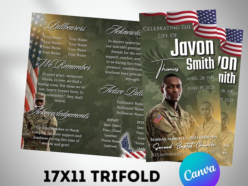 TRIFOLD MILITARY GREEN Funeral Program, Obituary Template, Army Funeral ...
