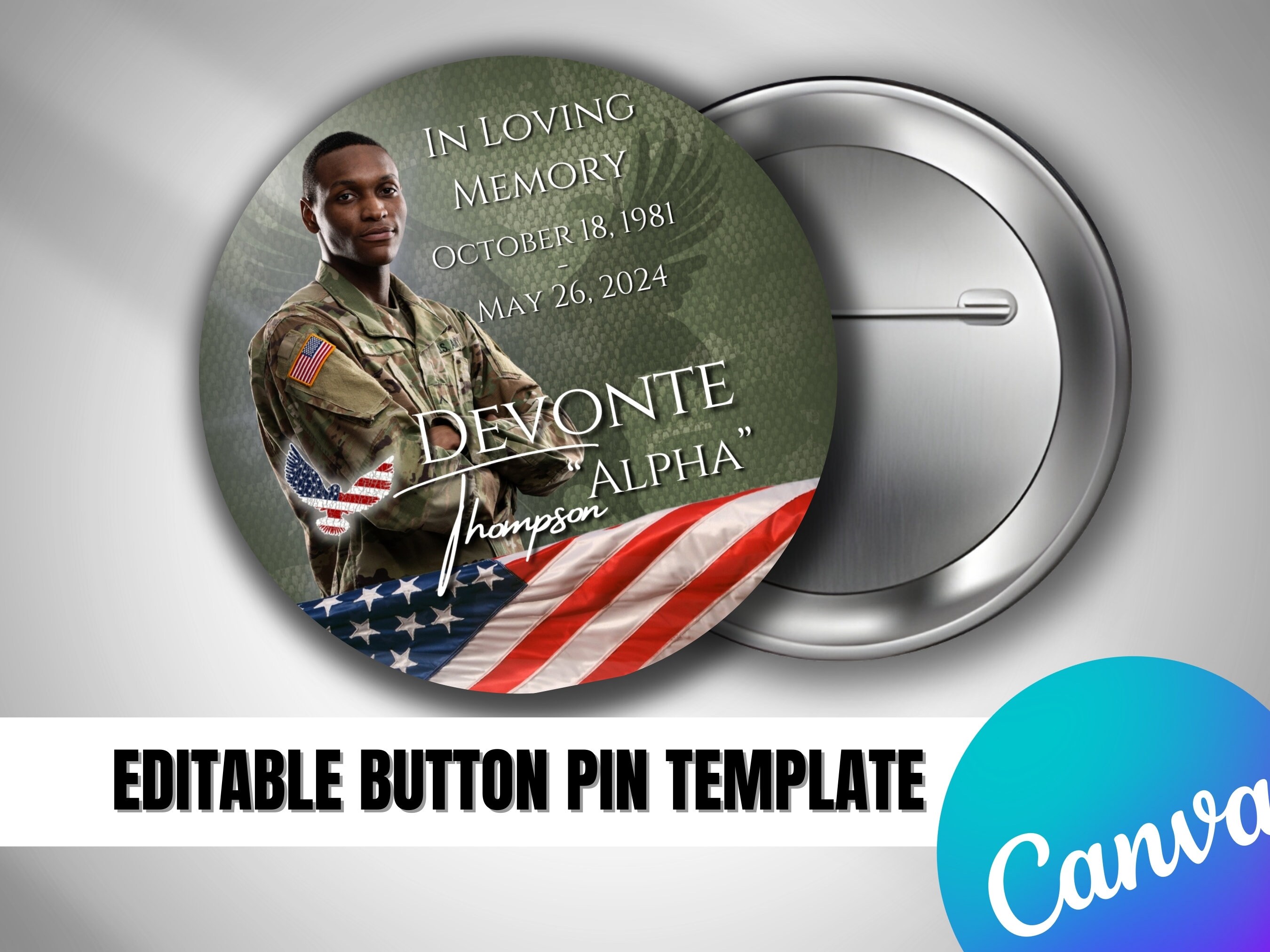 MILITARY GREEN PINBACK Button Template, Memorial Pin, Army Funeral ...