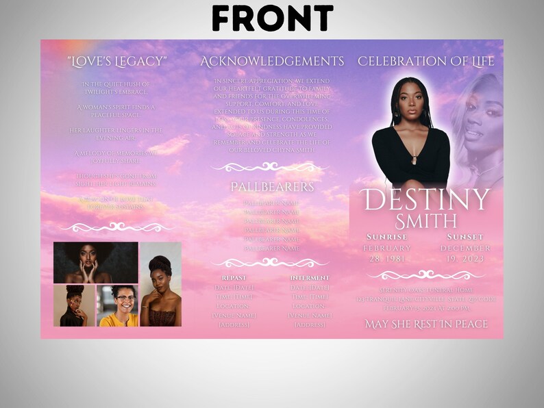 TRIFOLD FUNERAL TEMPLATE, 17x11 Pink Obituary Program, Purple Sky ...