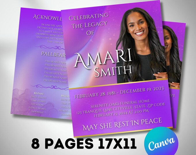 Purple Funeral Program Template: Celebration of Life, Women's Obituary ...