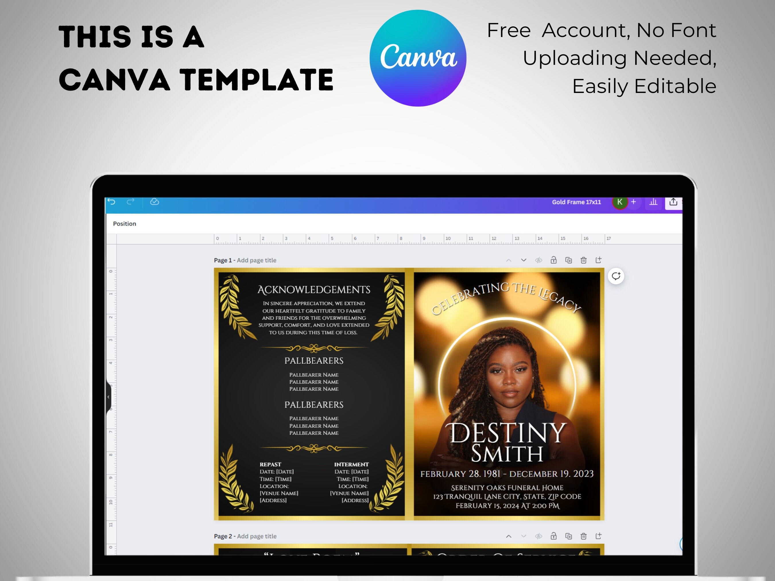 Golden Frame Funeral Program Template, Celebration of Life (canva ...