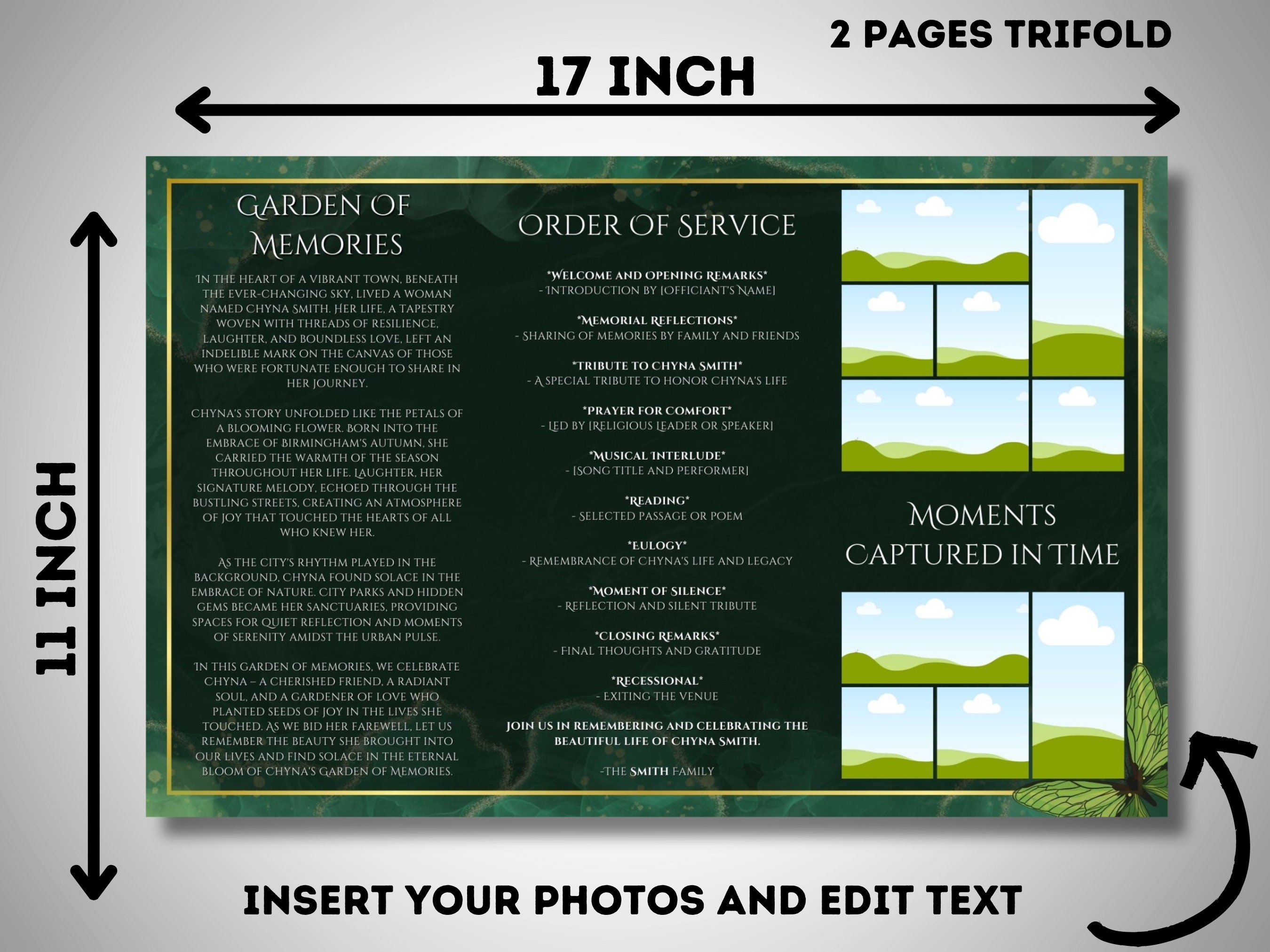 17"x11" FUNERAL PAMPHLET, 2 PAGES, Trifold, Obituary Program, Green ...