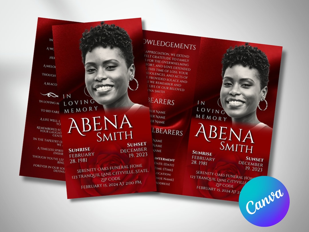 17"x11" FUNERAL PAMPHLET, 2 PAGES, Trifold, Obituary Program, Rubin Red ...