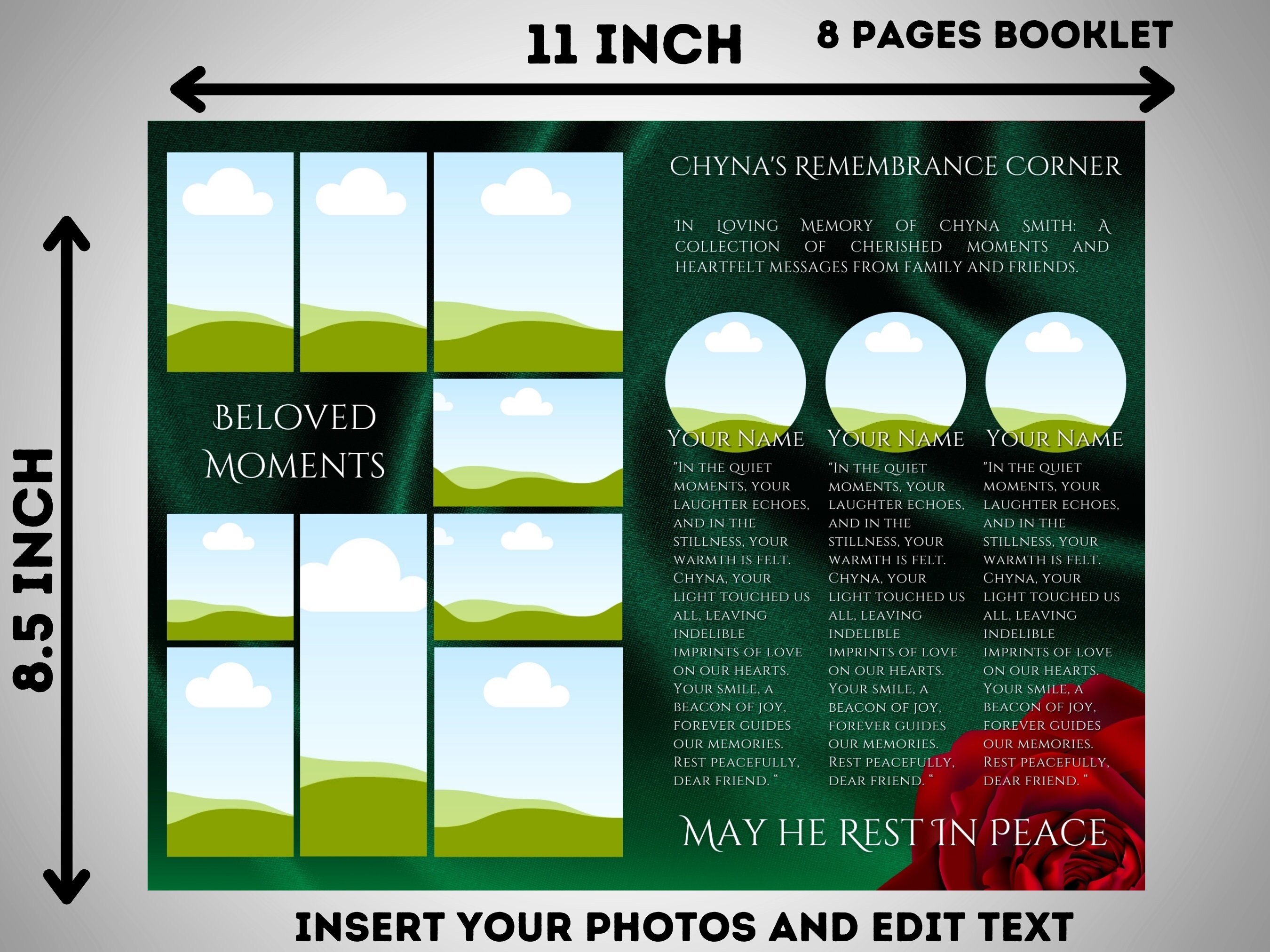 8.5x11" BOOKLET FUNERAL PROGRAM, 8 Pages, Green Silk Memorial, Bifold ...