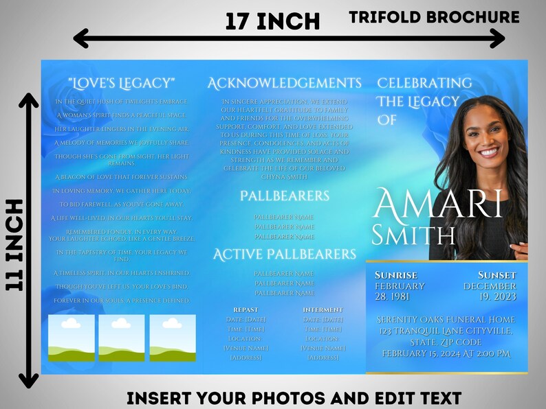 Blue Gradient Funeral Program, Obituary Trifold Template (canva ...