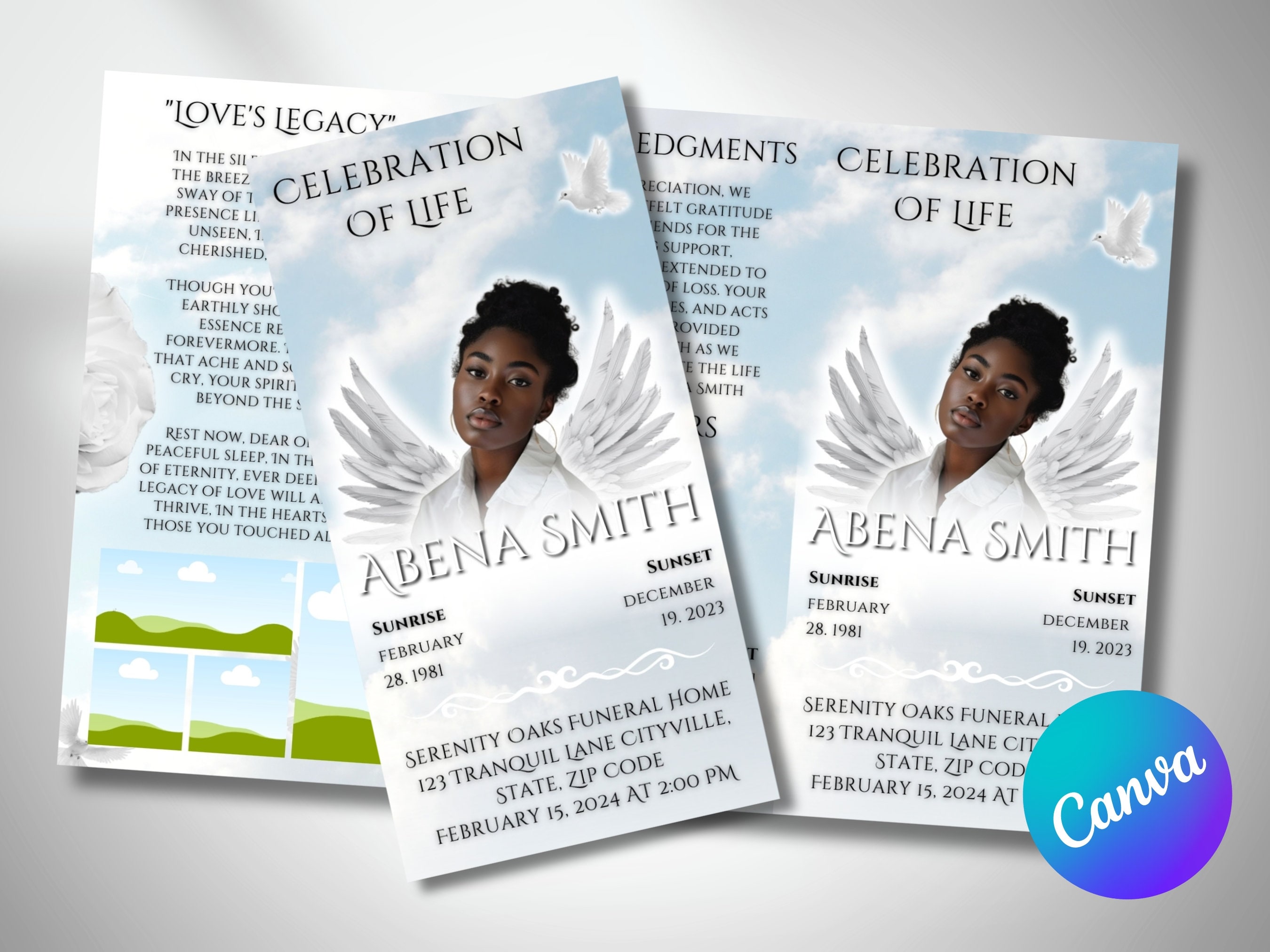 11x17 TRIFOLD MEMORIAL PROGRAM, White Angel Wings Funeral Program ...