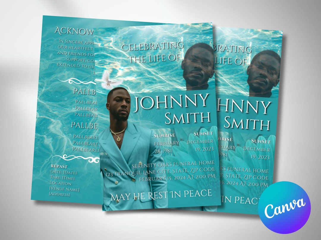 Turquoise Ocean Funeral Program Template, Celebration of Life (canva ...
