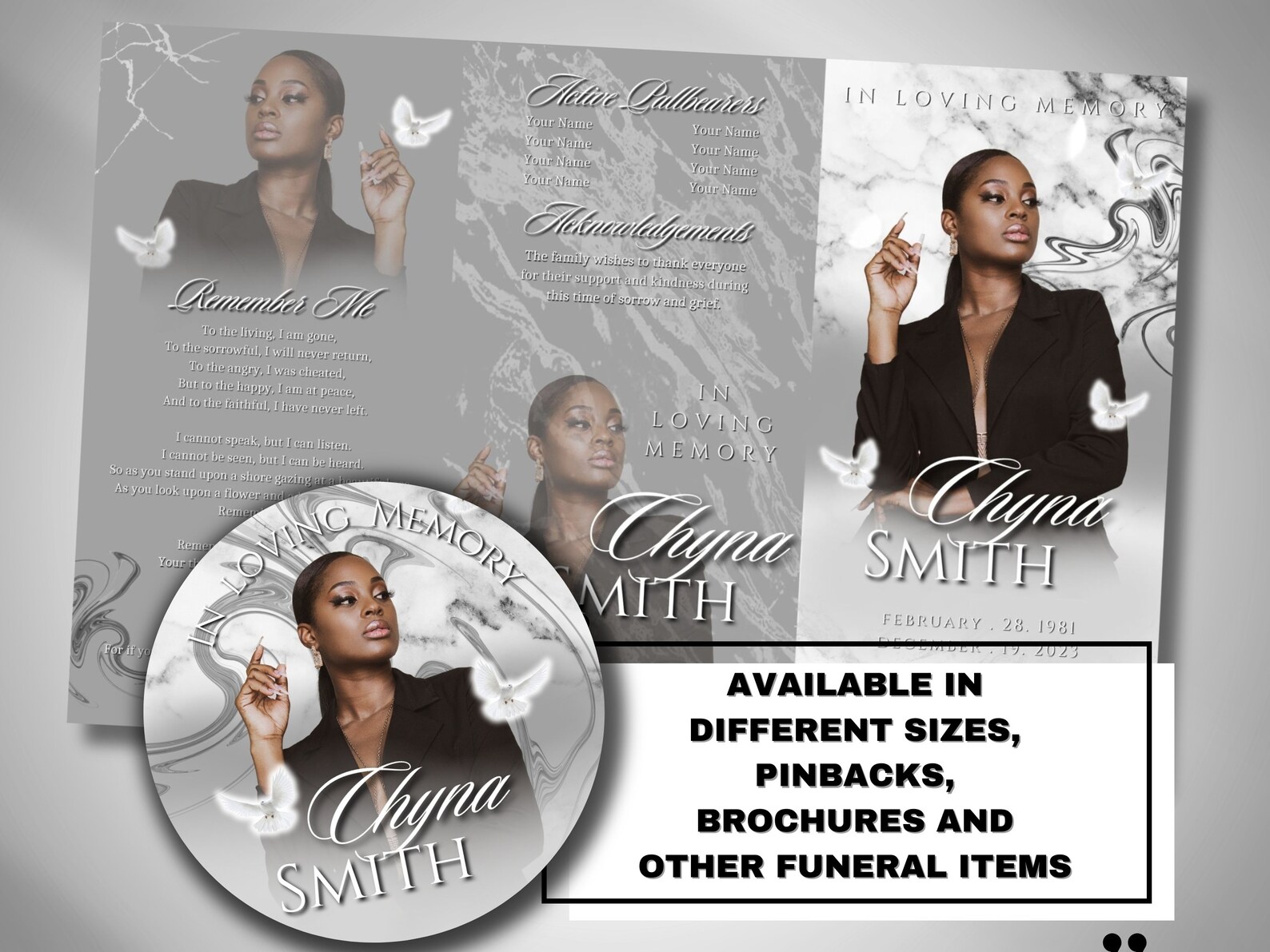 17"x11" FUNERAL PAMPHLET, 2 PAGES, Trifold, Obituary Program, White ...