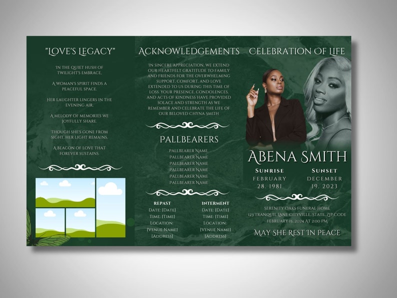 17"x11" FUNERAL PAMPHLET, 2 PAGES, Trifold, Obituary Program, Green ...