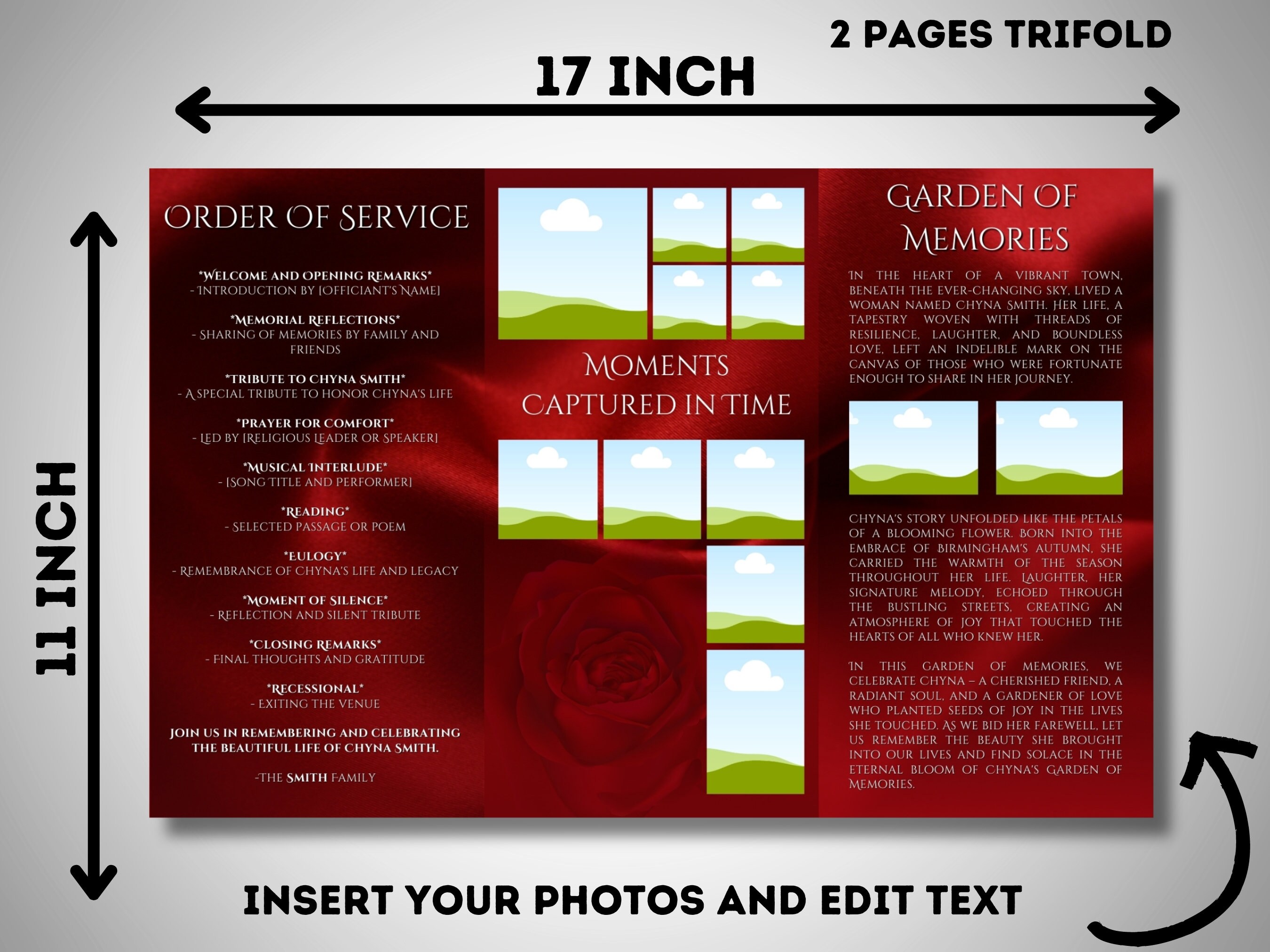 Rubin Red Funeral Program Template, Trifold Memorial (canva Editable ...