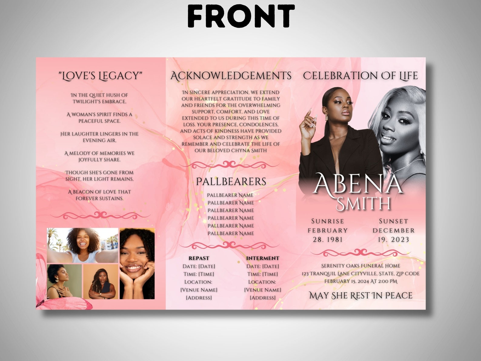 Pink Marble Funeral Program Template, Trifold Obituary (canva Editable ...