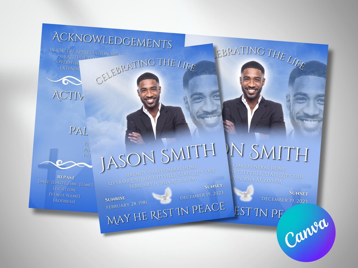 17"x11" BIFOLD OBITUARY PROGRAM, Heaven Gates, 4 Pages, Blue Clouds ...