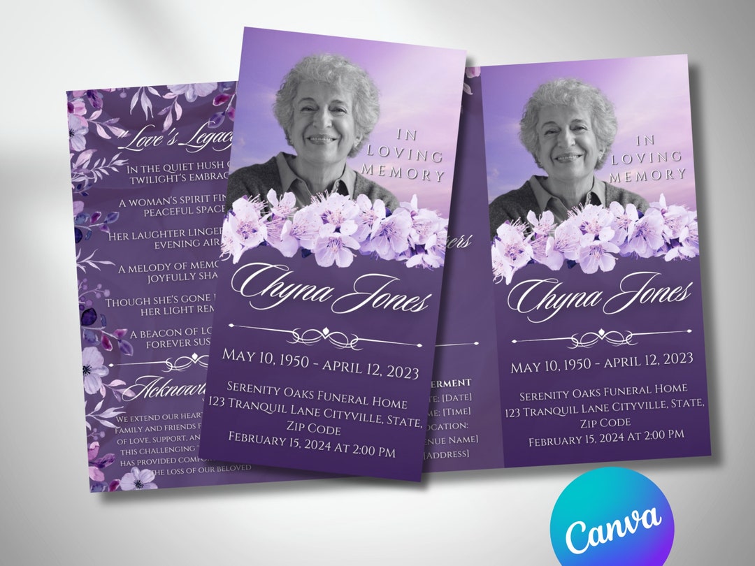 17x11 FUNERAL PAMPHLET, 2 PAGES, Trifold, Obituary Program, Purple ...