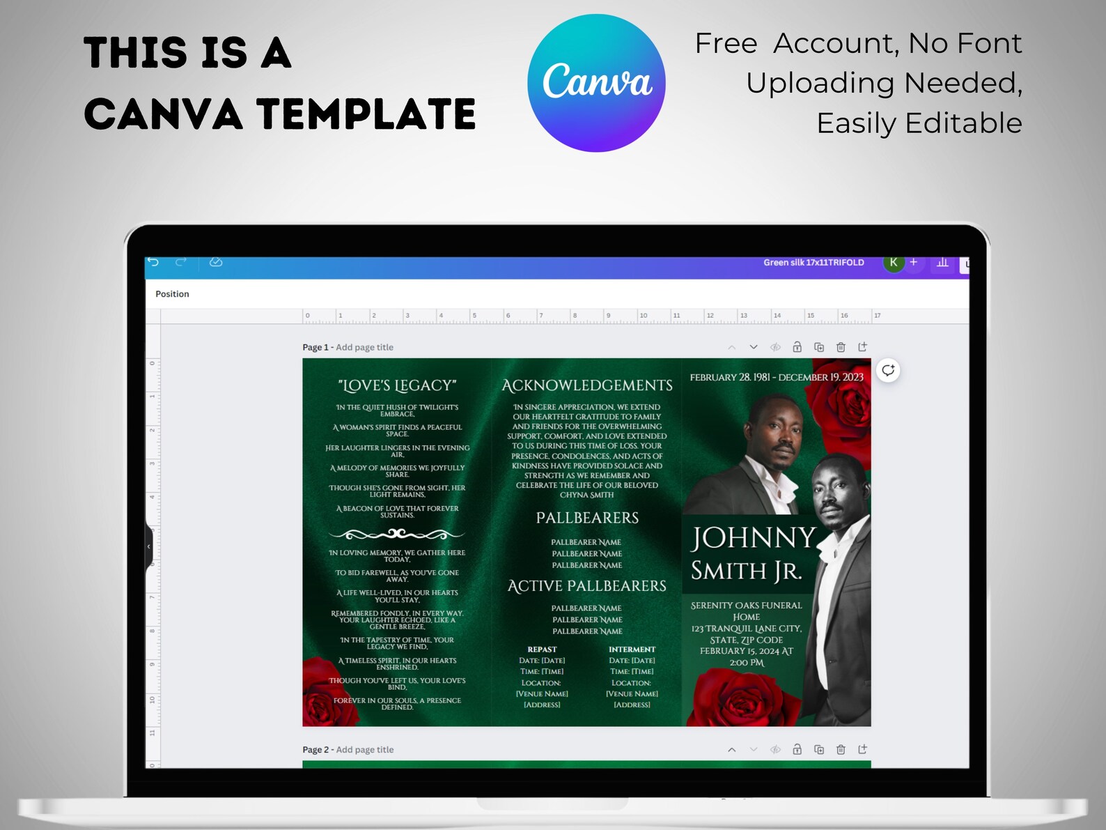 17"x11" FUNERAL PAMPHLET, Dark Green, Trifold, Obituary Program, Green ...