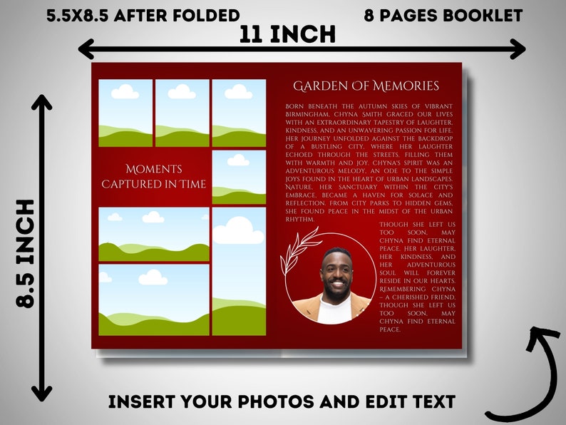 5.5x8.5" BOOKLET FUNERAL PROGRAM, 8 Pages, Bifold Obituary, Celebration ...