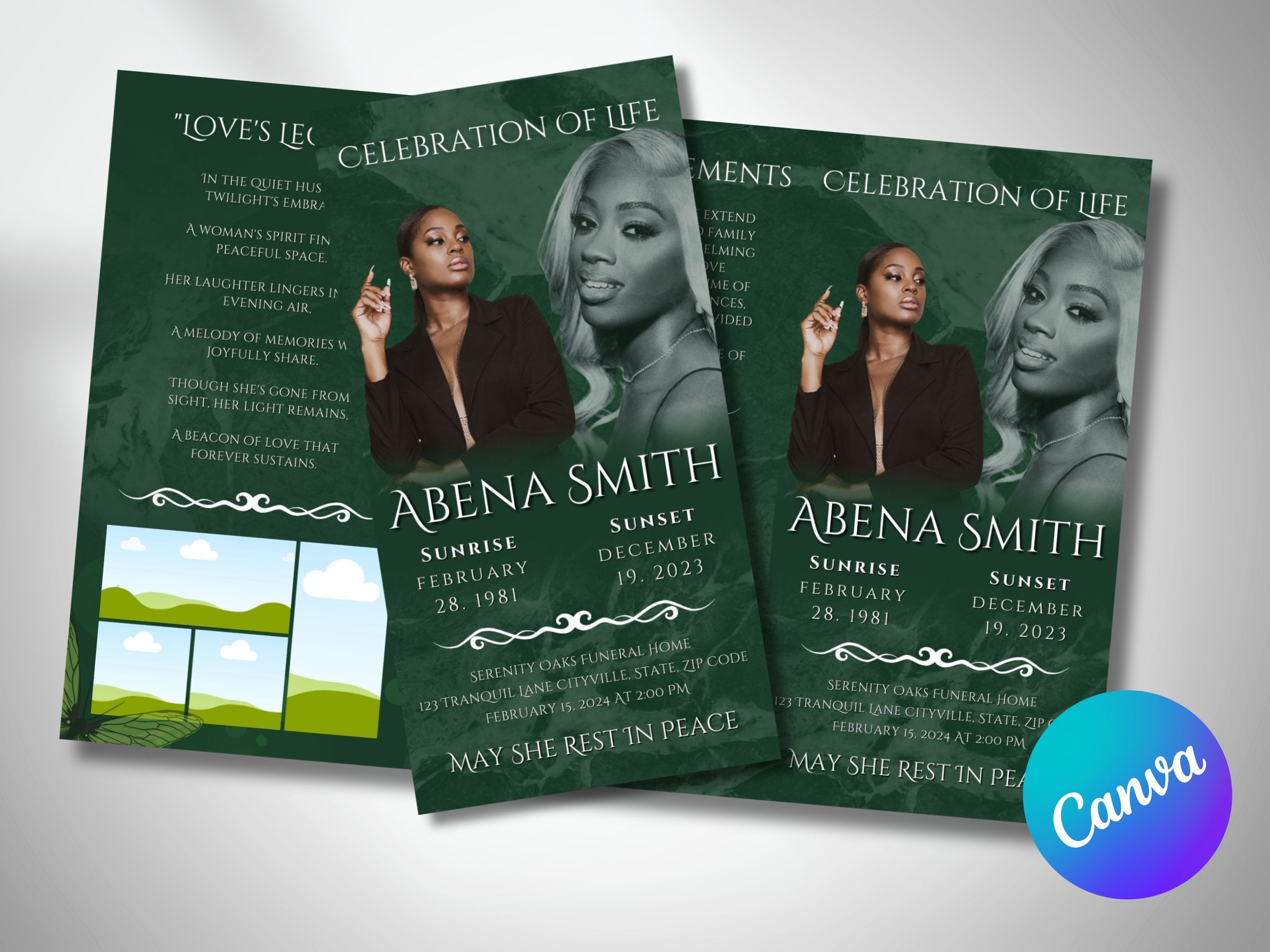 17"x11" FUNERAL PAMPHLET, 2 PAGES, Trifold, Obituary Program, Green ...