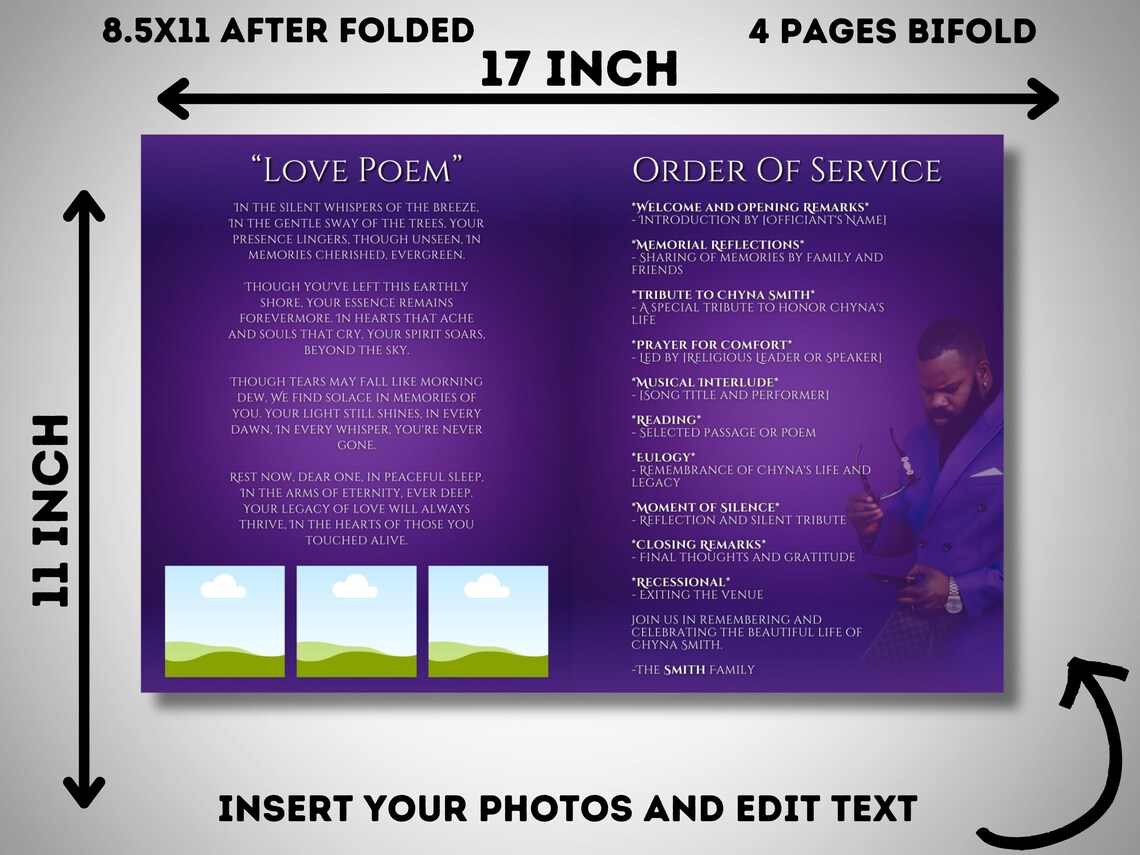 8.5"x11" PURPLE FUNERAL PROGRAM, 4 Pages, Purple Clouds Memorial ...