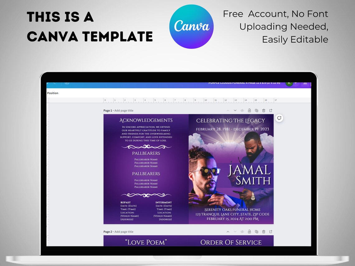 Purple Clouds Funeral Program, Celebration of Life, Canva Template ...