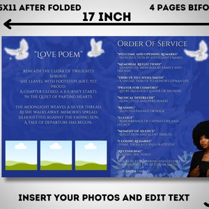 8.5"x11" BOOKLET OBITUARY PROGRAM, 4 Pages, Blue Funeral Template ...