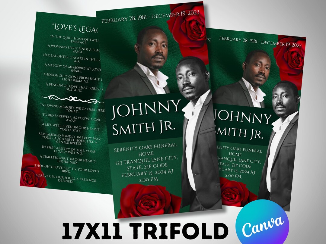17"x11" FUNERAL PAMPHLET, Dark Green, Trifold, Obituary Program, Green ...