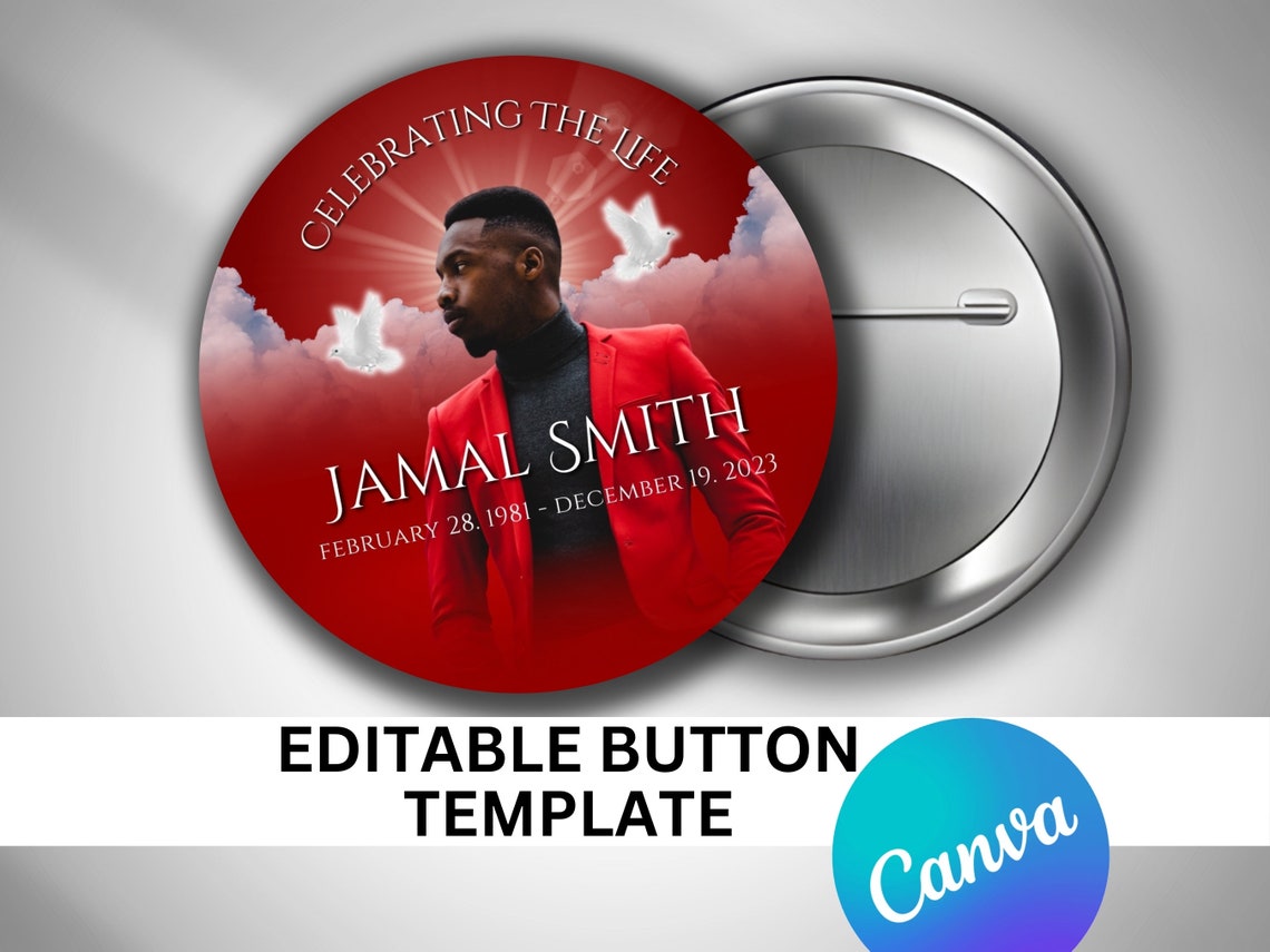 Funeral Memorial Pinback Button, Red Clouds Roses, Canva Template - Etsy