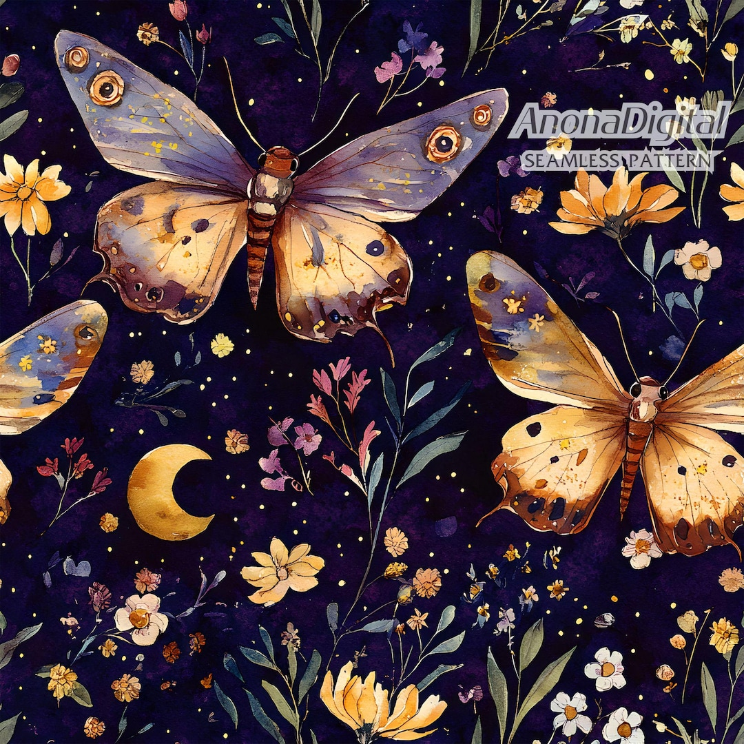 Night Garden Moths Seamless Pattern Digital Print File Instant Download ...