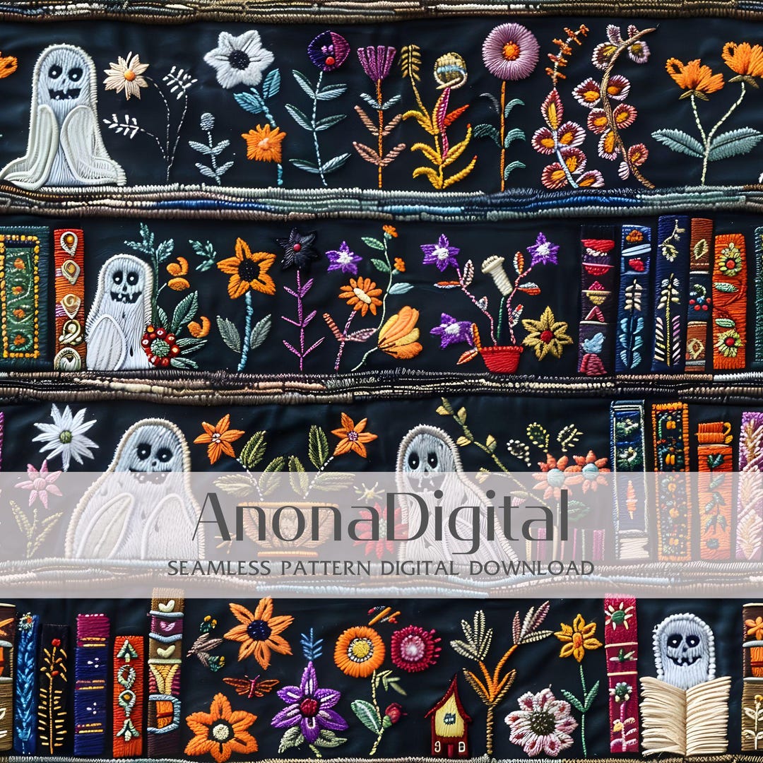 Floral Bookshelf Ghoul Reading Seamless Pattern, Book Faux Embroidery Ghost Halloween Seamless ...