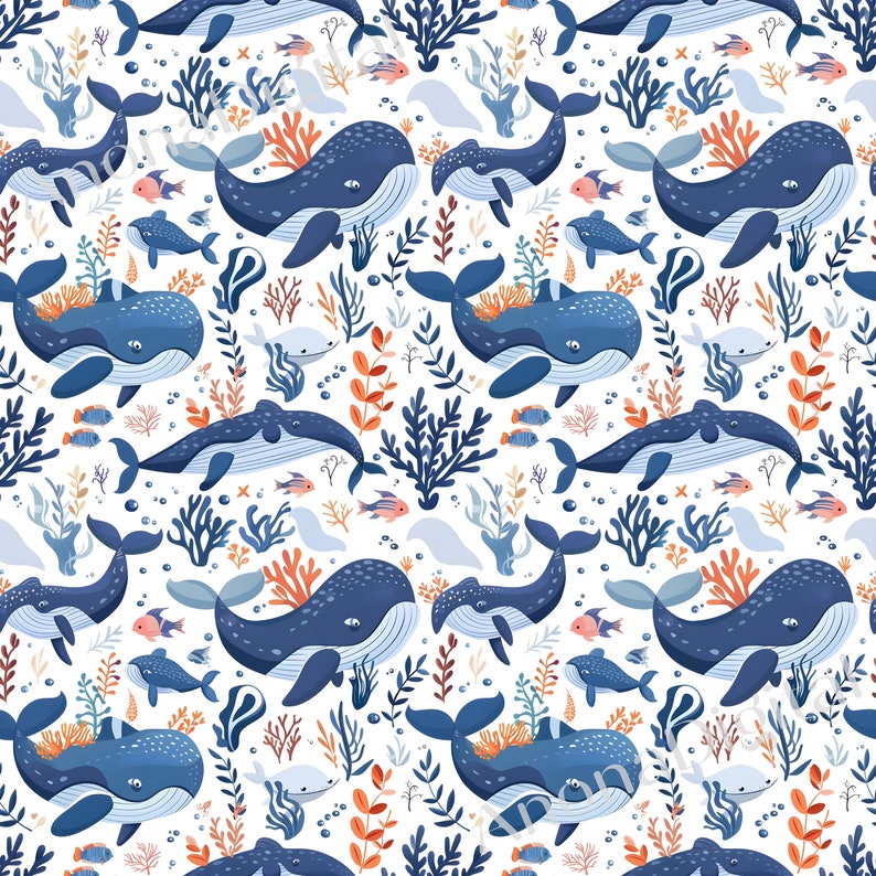 Whimsical Blue Whale Seamless Pattern, Whimsical Seamless File , Blue ...