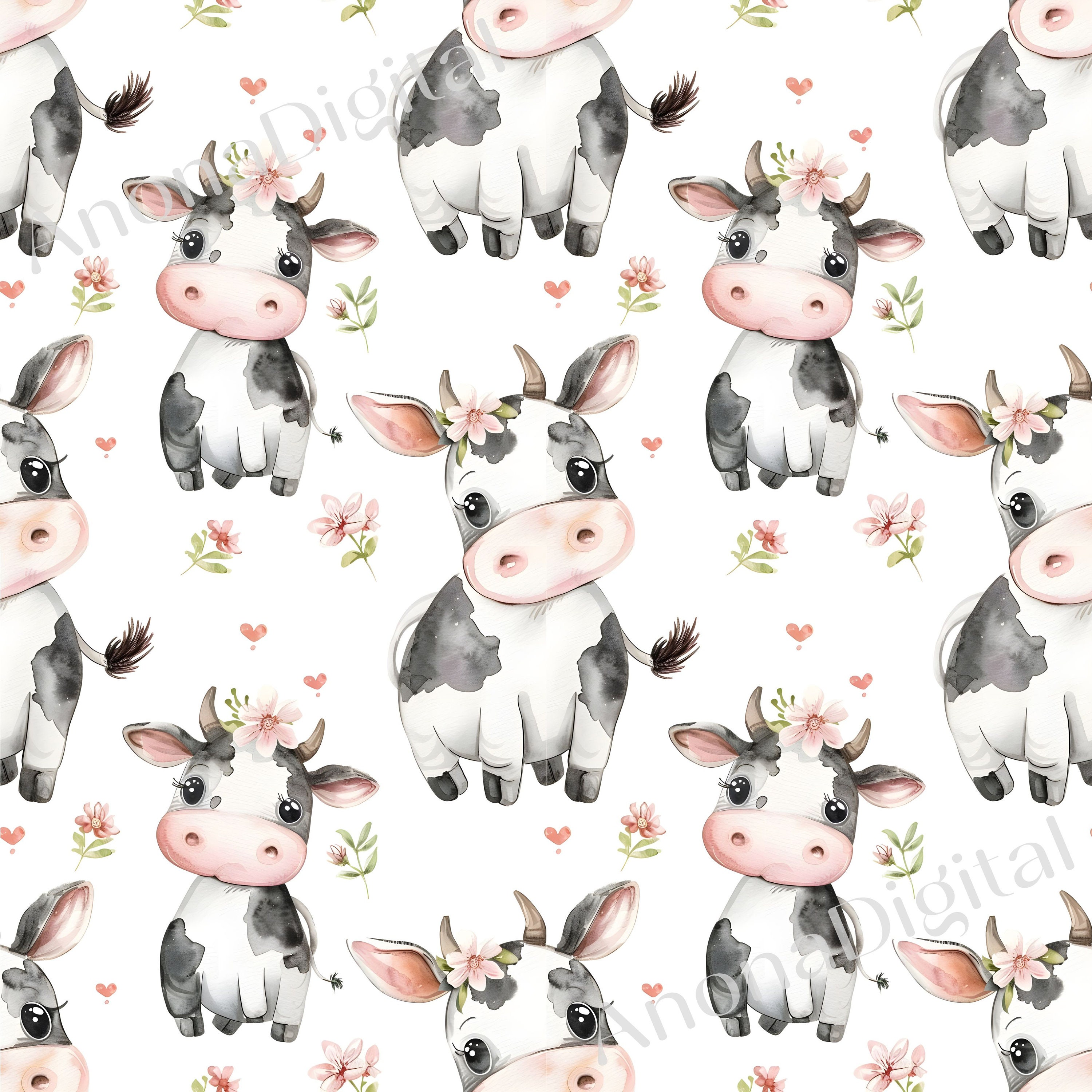Cute Cow Seamless Pattern, Digital File Cow Seamless Pattern, Cute Cow ...