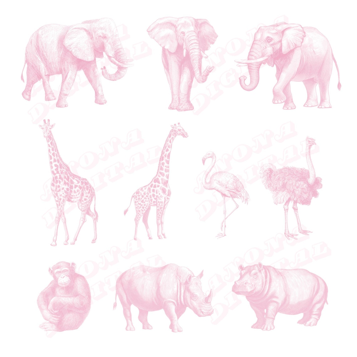 Pink Toile De Jouy Safari Animal, Nursery Baby Shower Clipart, PNG ...
