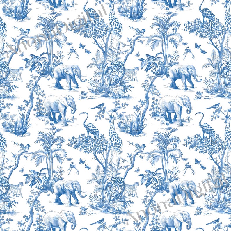Toile De Jouy Digital Paper, African Safari Seamless Pattern, Blue and ...