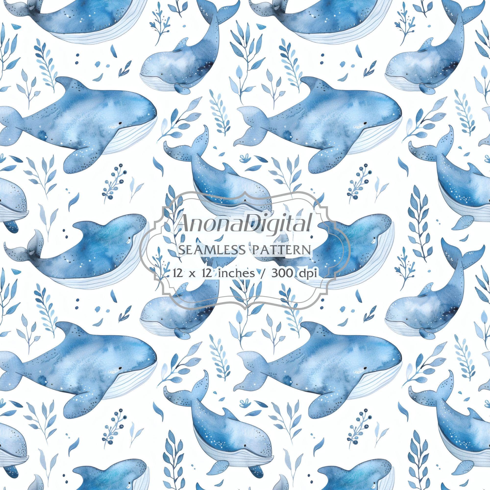Whale Cute Sea Ocean Seamless Pattern, Watercolor Whale Seamless ...