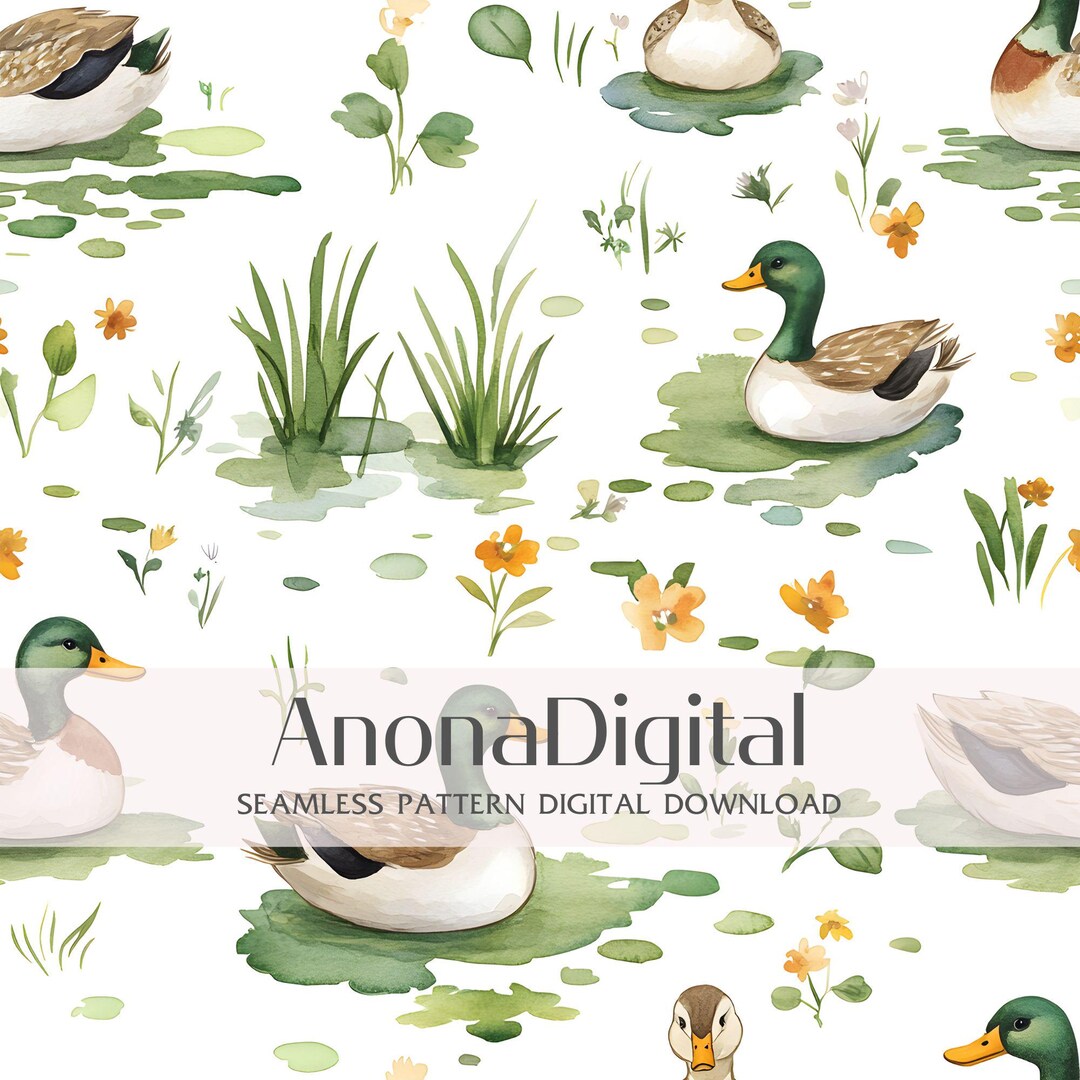 Mallard Duck Seamless Pattern, Watercolor Ducks Repeating File for ...