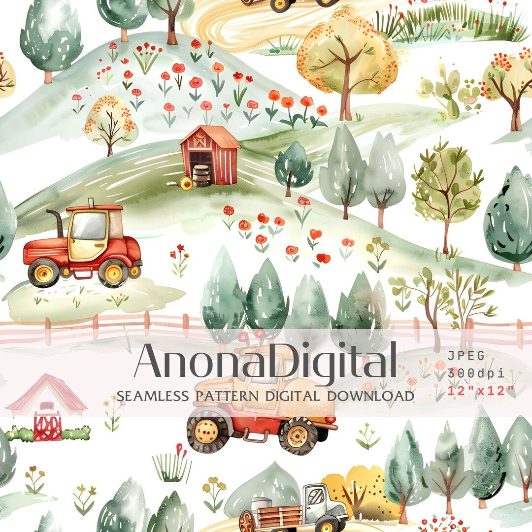 Farm Pattern, Tractor Digital Paper, Truck Seamless Pattern, Seamless ...