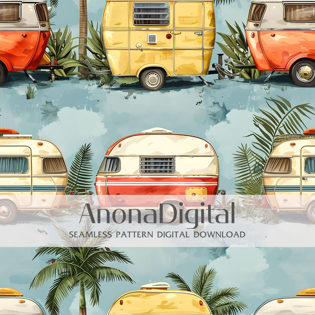 Vintage Campers Seamless Pattern, Outdoor Caravan Pattern File ...