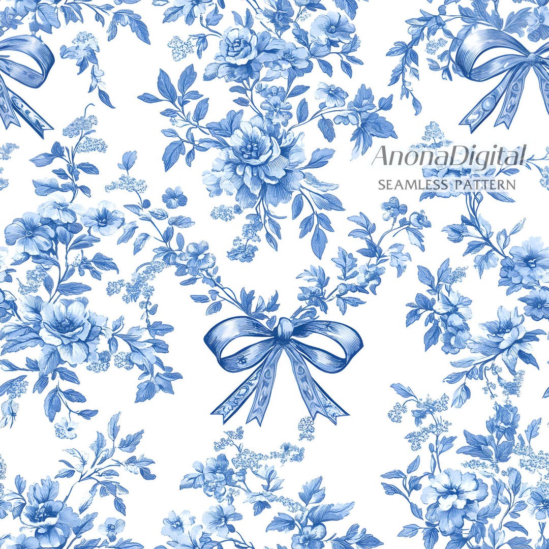 Toile De Jouy Seamless Pattern, Blue Coquette Vintage Bow Floral Fabric ...
