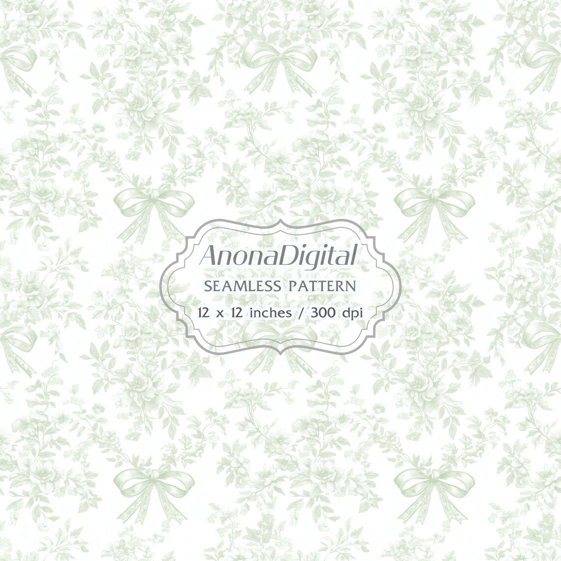 Green Coquette Floral Bow Toile Seamless Pattern, Digital Download ...