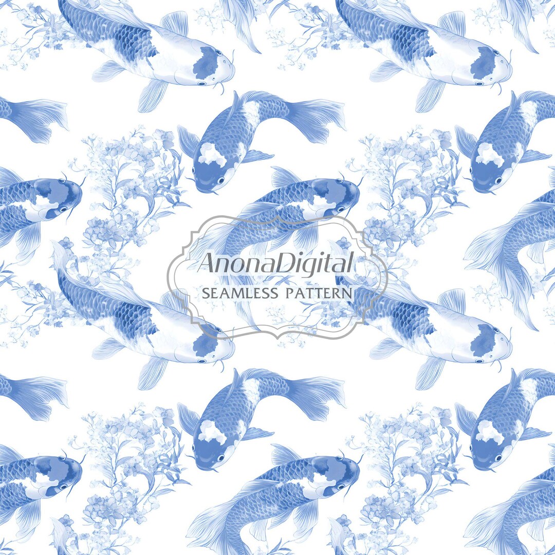 Toile De Jouy Koi Fish Seamless Pattern, Koi Fish Blue Nursery ...