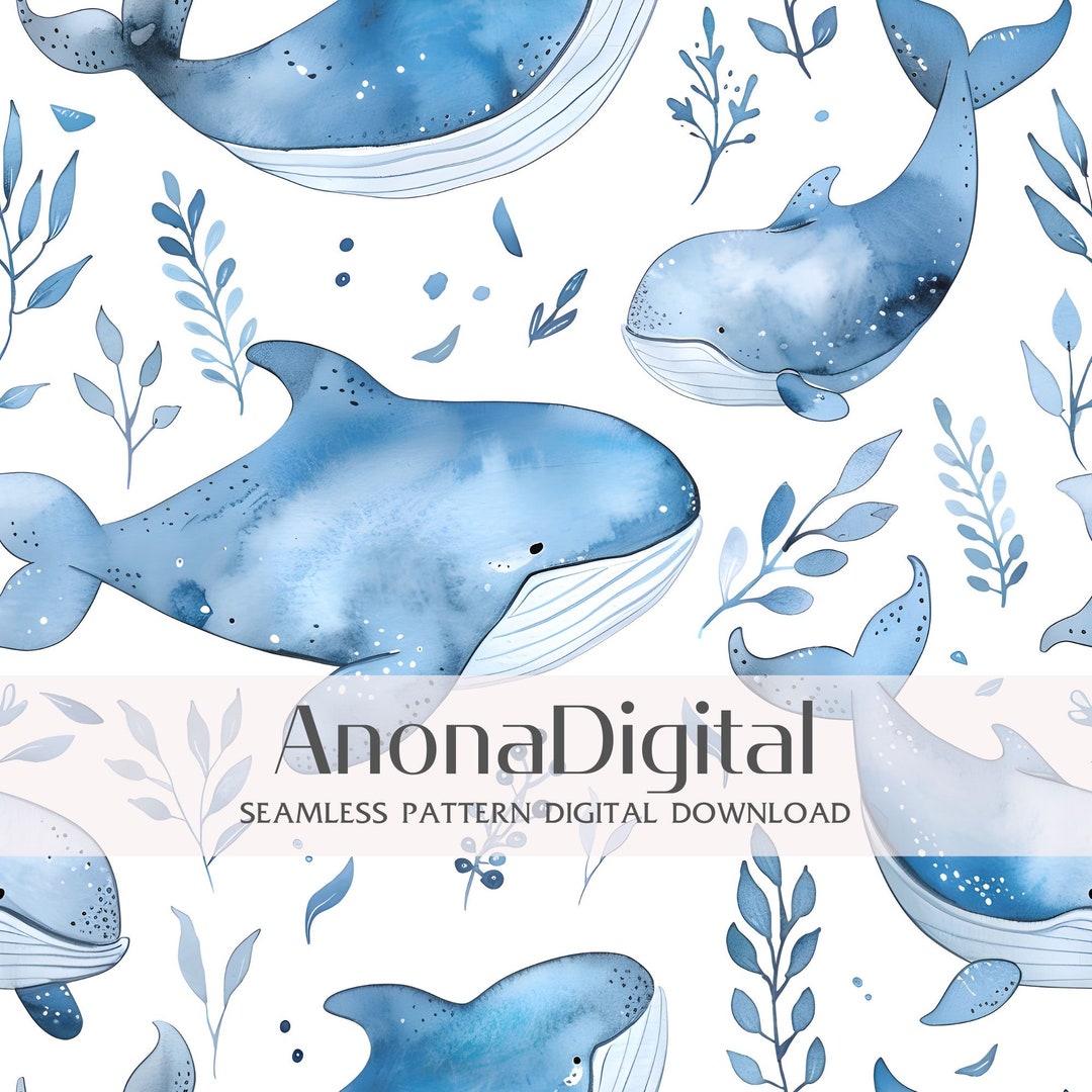 Whale Cute Sea Ocean Seamless Pattern, Watercolor Whale Seamless ...