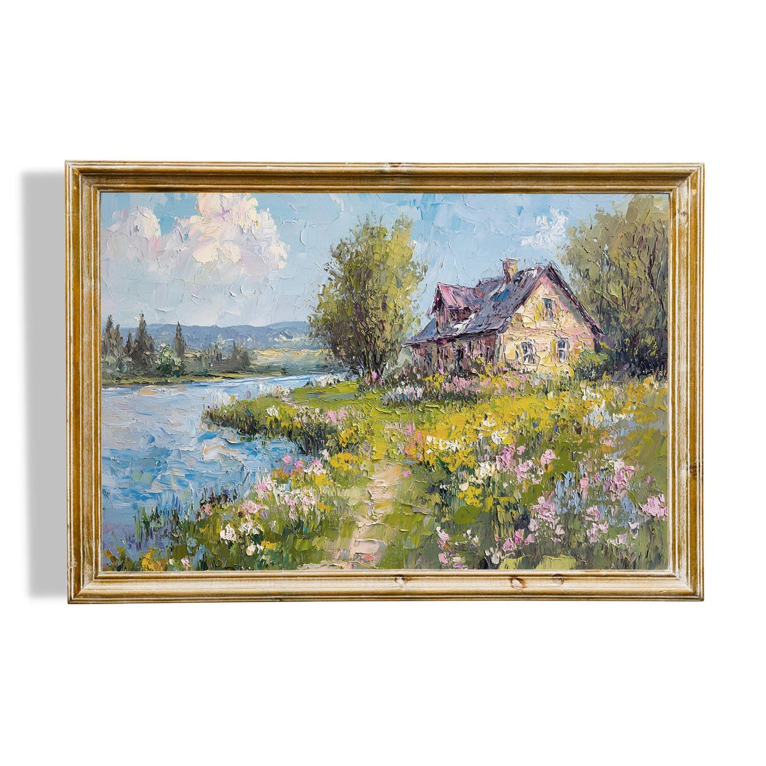 Rustic Vintage Cottage Landscape Print Spring Riverfront Home Painting ...