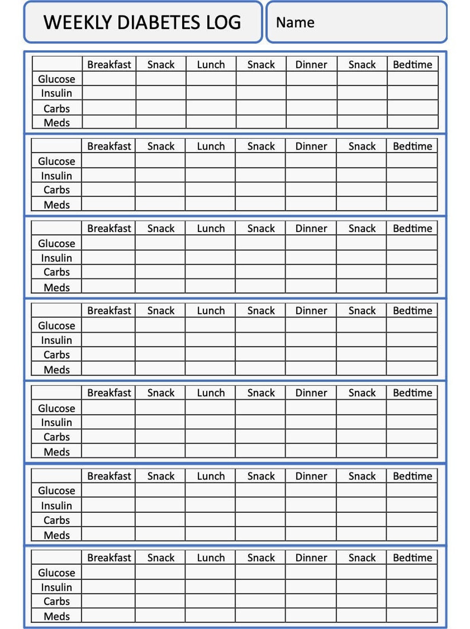 Weekly Diabetes Log Printable - Etsy
